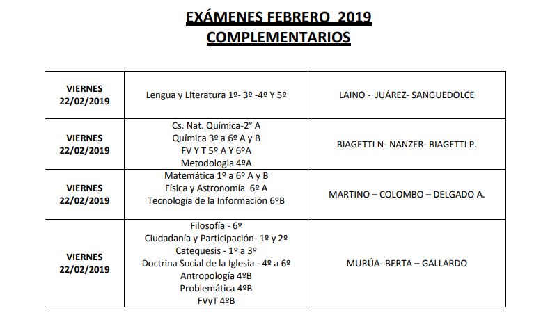 Exámenes Complementarios Febrero 2019 - Secundario